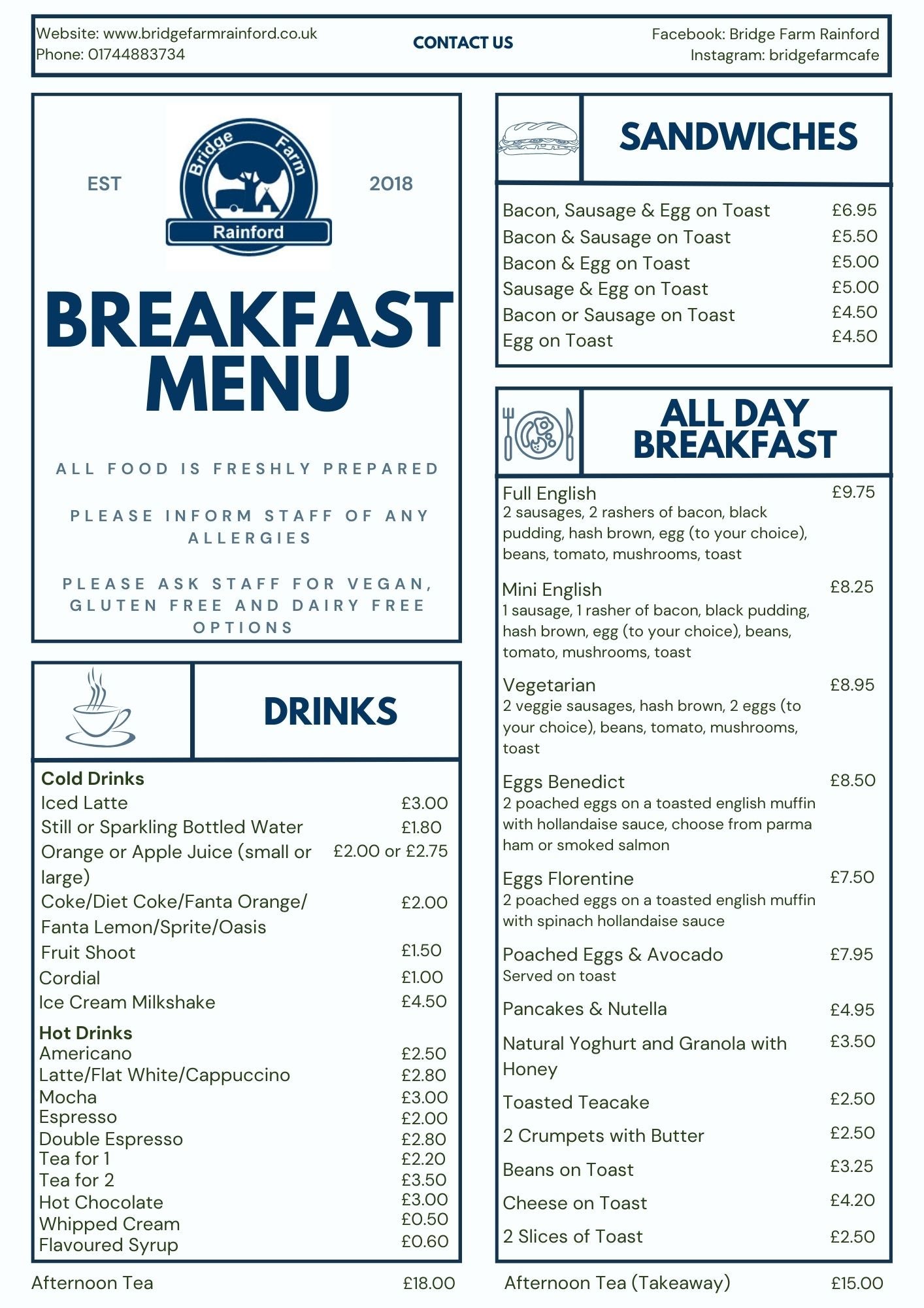Bridge Farm Breakfast Menu
